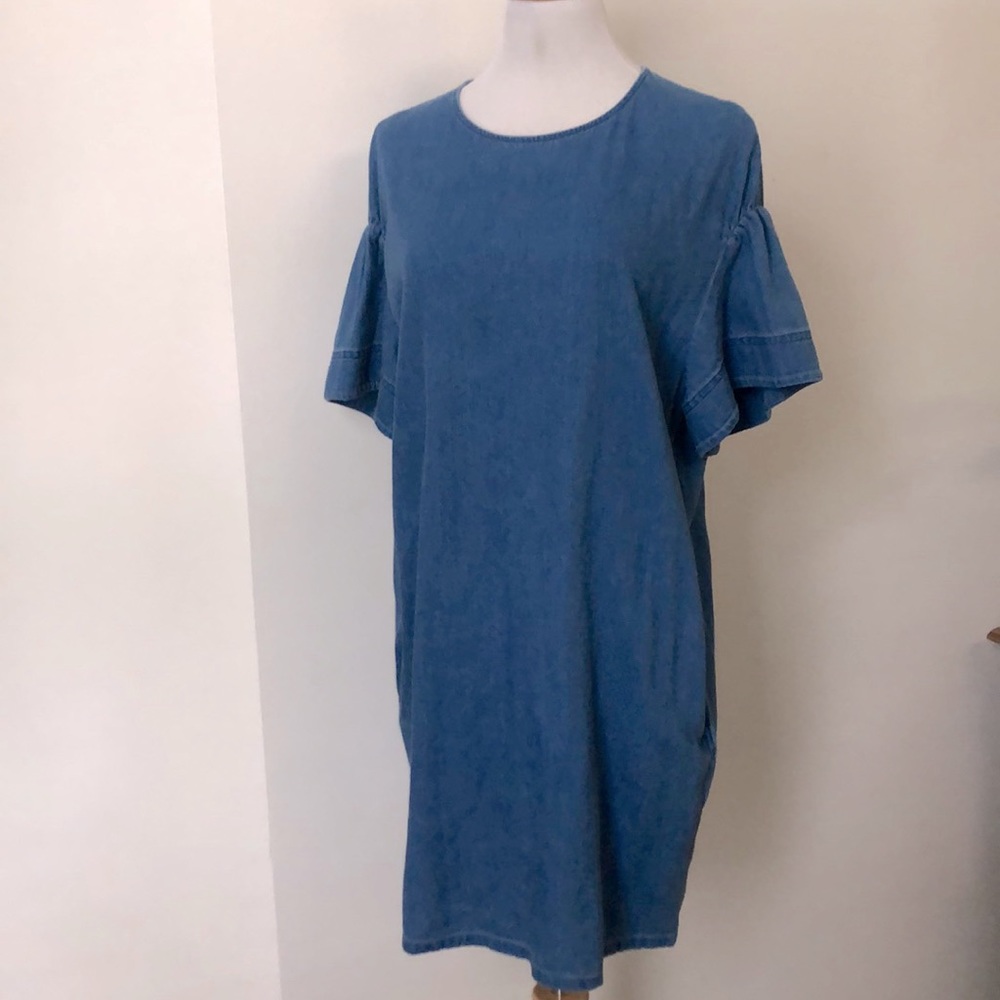 Cos Light Denim Shift Dress With Ruffle Sleeve - Gem